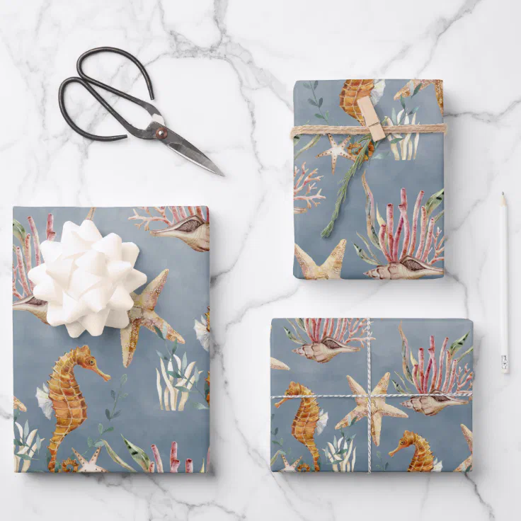 Seahorses Starfish Under The Deep Blue Sea Wrapping Paper Sheets | Zazzle