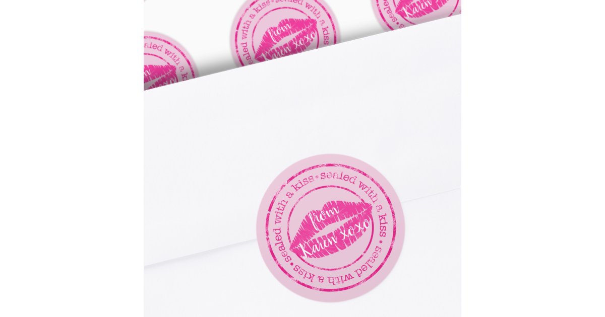 Sealed with a Kiss Pink Lips Custom Round Sticker | Zazzle