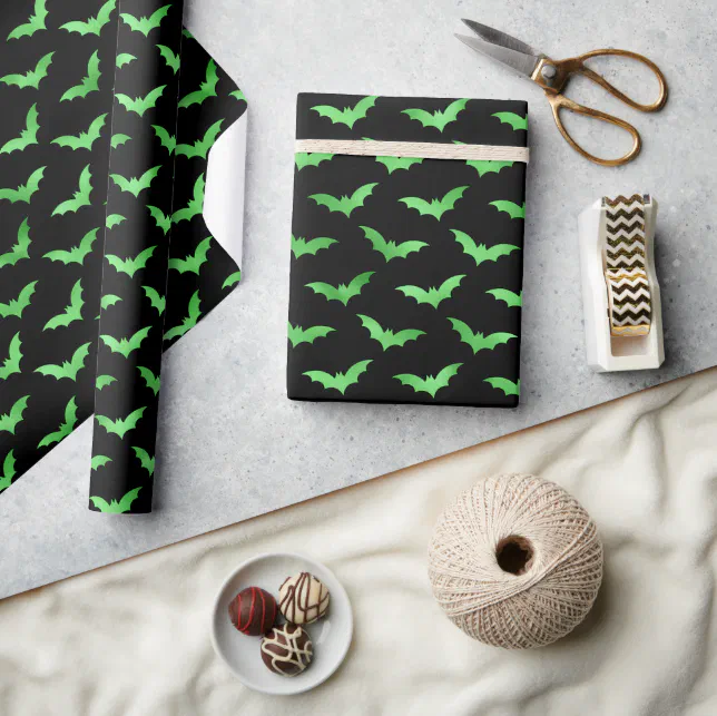 Seamless Green Foil and Black Bats Halloween Wrapping Paper | Zazzle