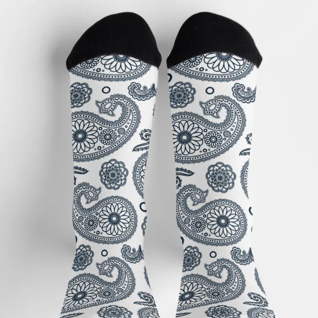 Seamless Indian dark blue paisley pattern on white Socks | Zazzle