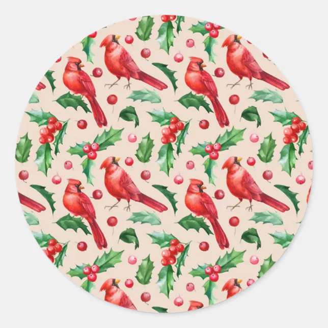 Seamless pattern red cardinal birds classic round sticker | Zazzle