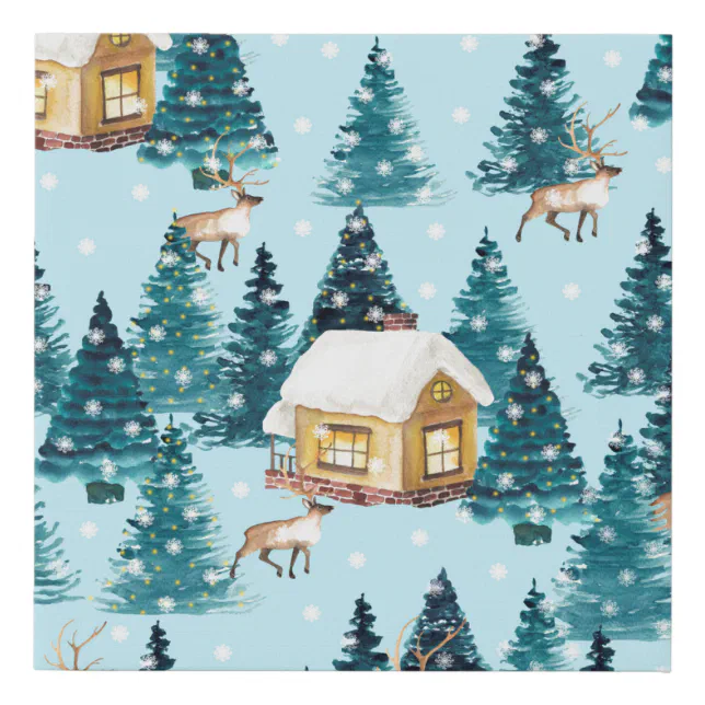 Seamless pattern with winter village in the forest faux canvas print ...