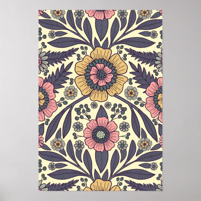 Seamless Pink & Blue Floral Pattern Poster | Zazzle