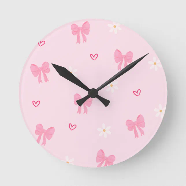 Seamless Pink Bow and Floral Pattern – Cute Girly Round Clock | Zazzle