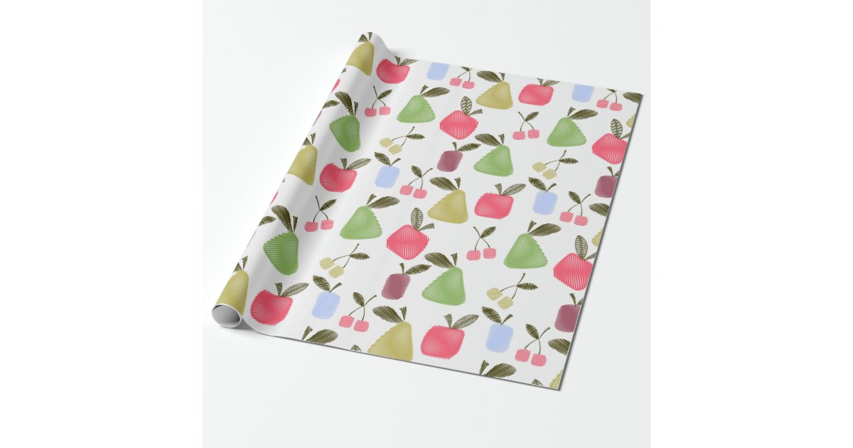 Seamless scratched cartoon fruits apples pears che wrapping paper | Zazzle