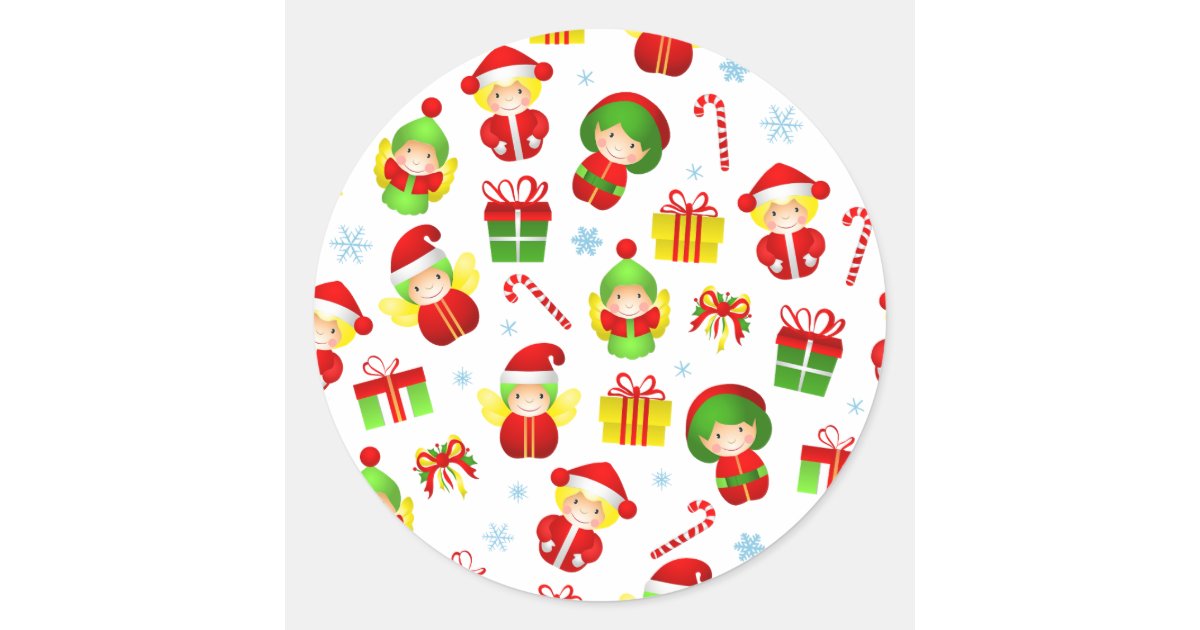 Seamless stylized Christmas ornament little elves Classic Round Sticker ...