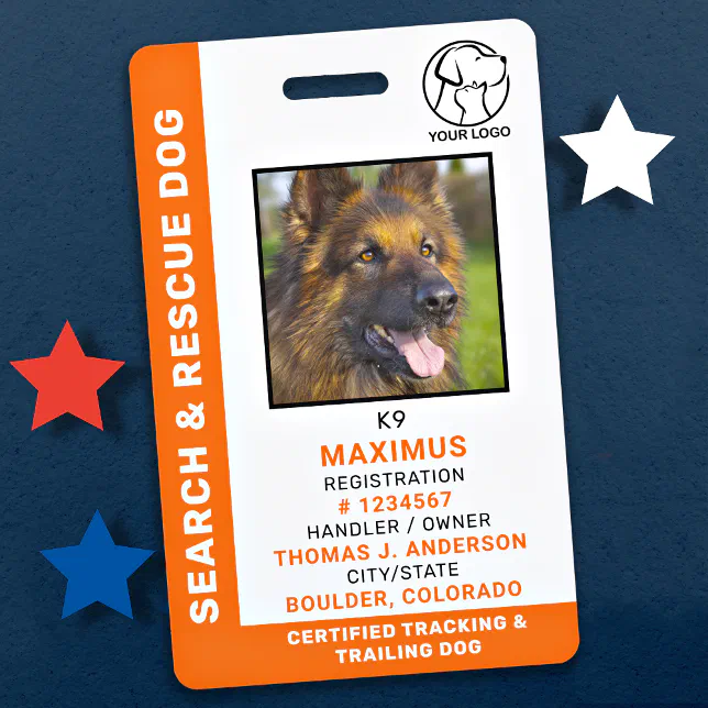 Search & Rescue Dog ID SAR K9 Custom Logo Photo Badge | Zazzle