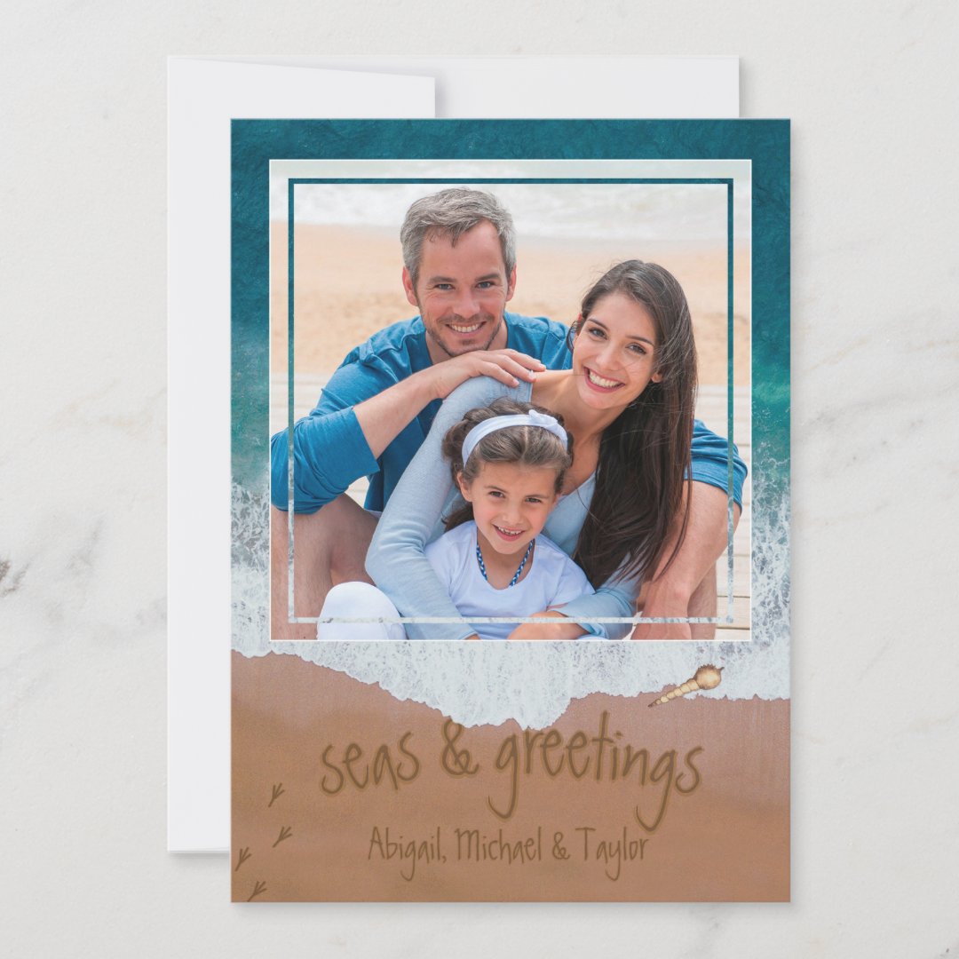 Seas and Greetings Beach Sand Writing Coastal Holiday Card | Zazzle