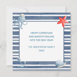 Seas and Greetings Nautical Watercolor Christmas Card | Zazzle