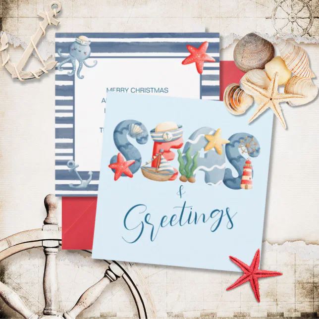 Seas and Greetings Nautical Watercolor Christmas Card | Zazzle