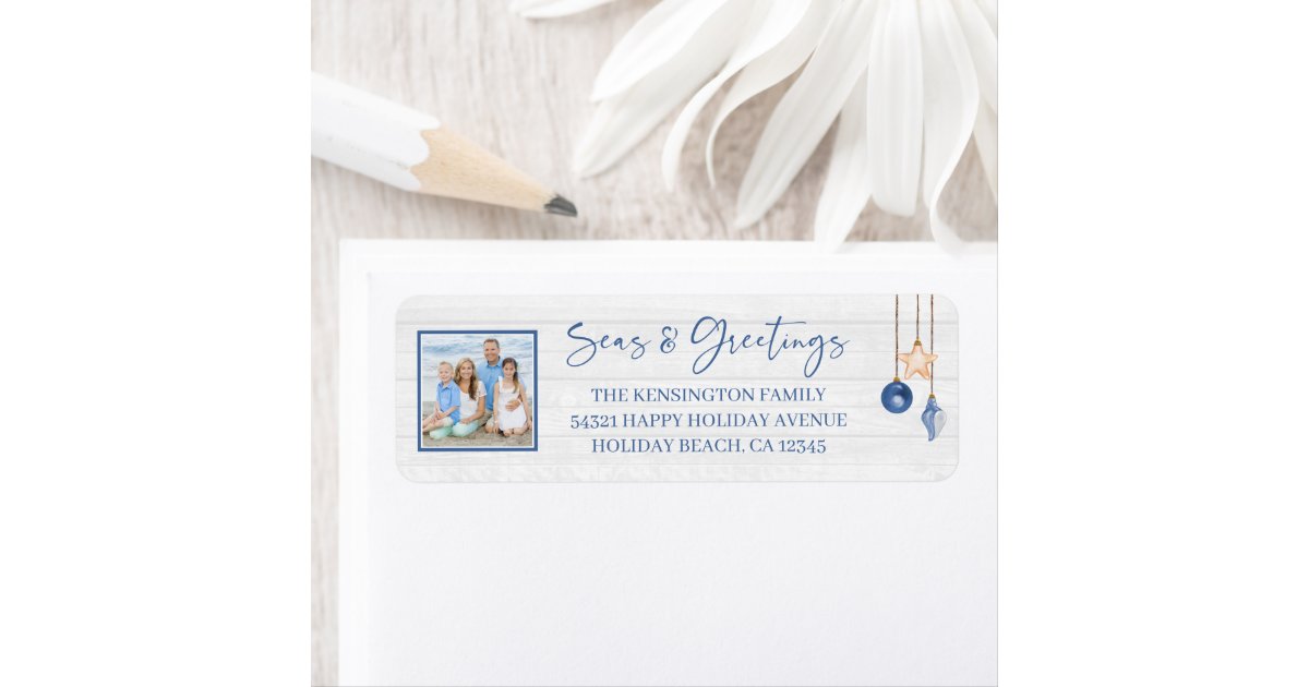 Seas and Greetings Seashell Nautical Wood Photo Label | Zazzle