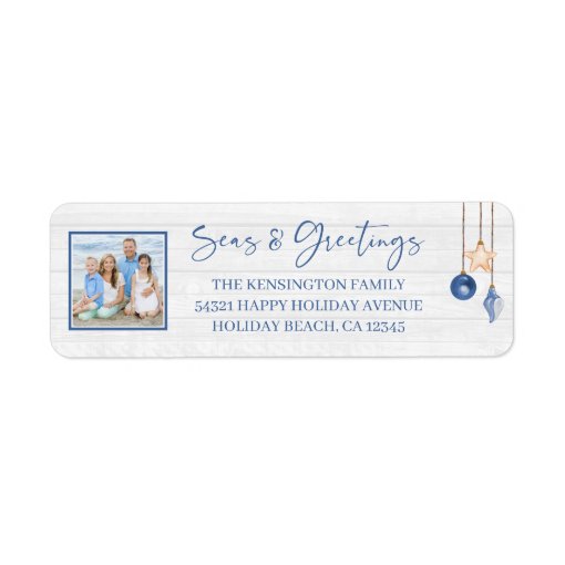 Seas and Greetings Seashell Nautical Wood Photo Label | Zazzle