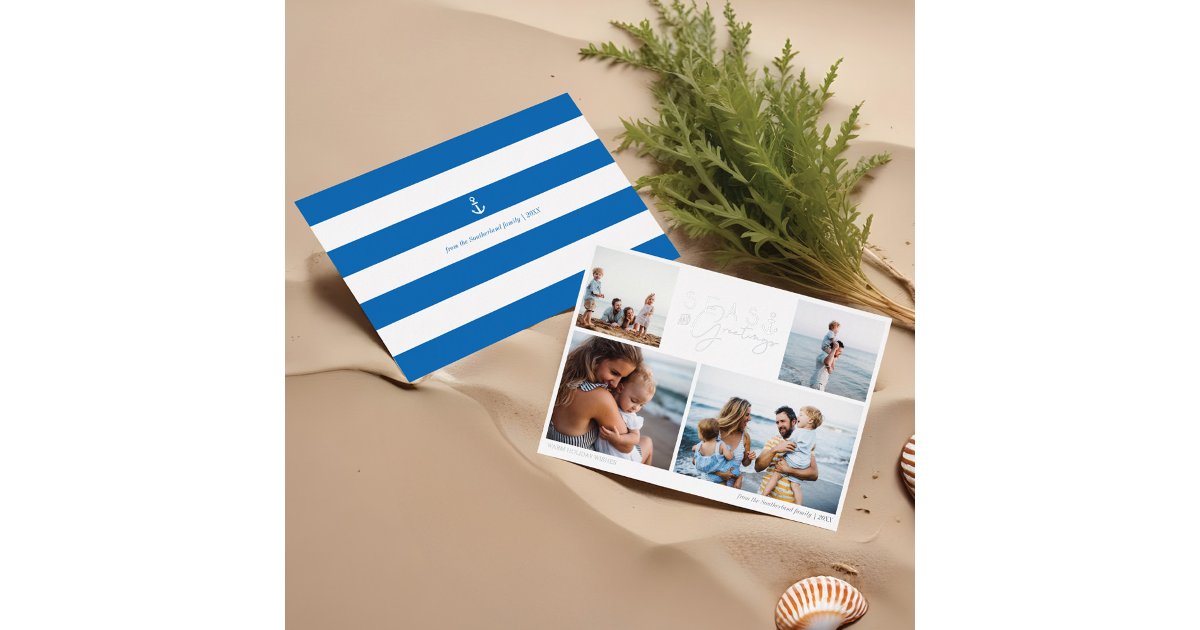 Seas & Greetings Blue Nautical Multiple Photo Foil Holiday Card | Zazzle