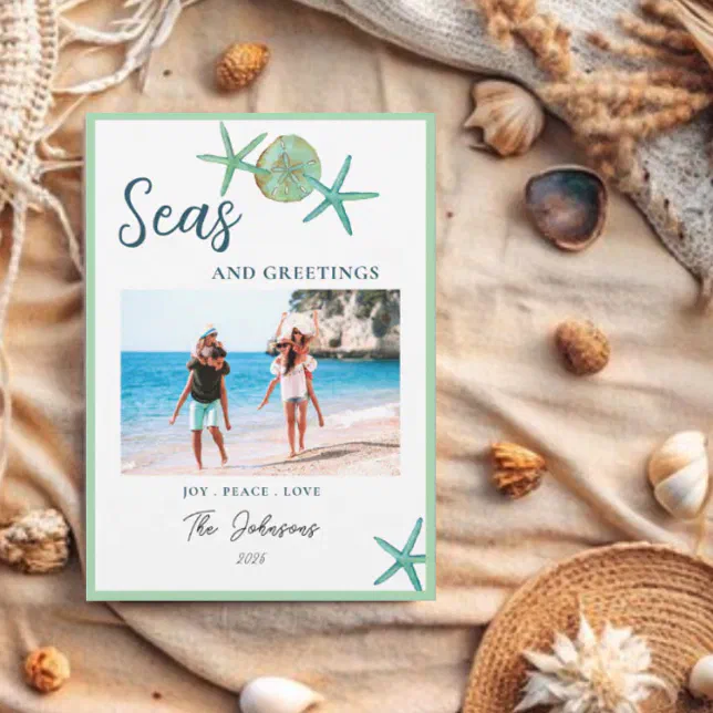 Seas & Greetings Coastal Christmas with photo Holiday Card | Zazzle