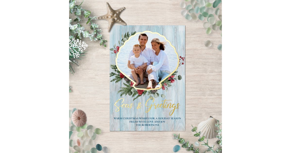 Seas N Greetings Seashell Christmas Photo Gold Foil Holiday Card | Zazzle