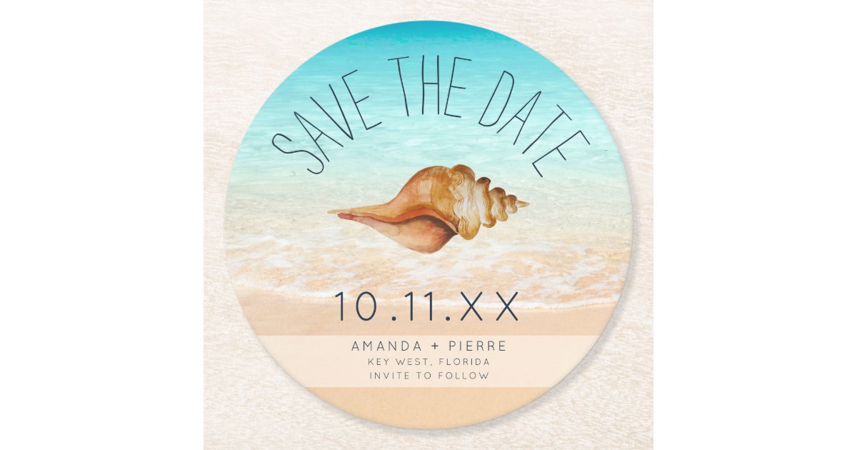 Seashell Beach Wedding Save the Date Round Paper Coaster | Zazzle