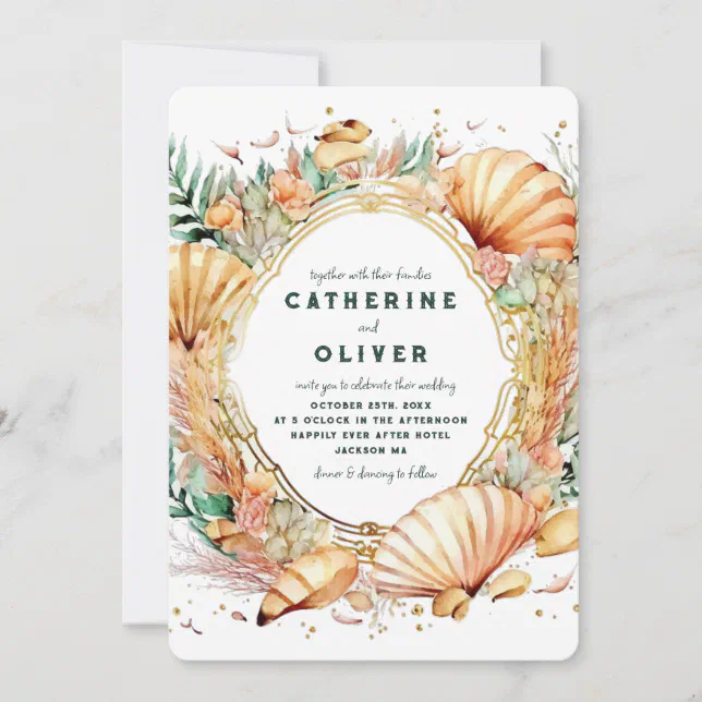 Seashell Gold Frame Ocean Summer Beach Wedding Invitation | Zazzle