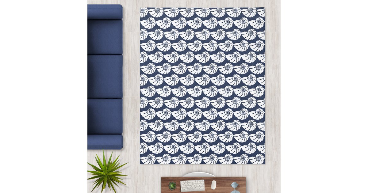 Seashell Nautilus | Navy Blue White Coastal Beach Rug | Zazzle