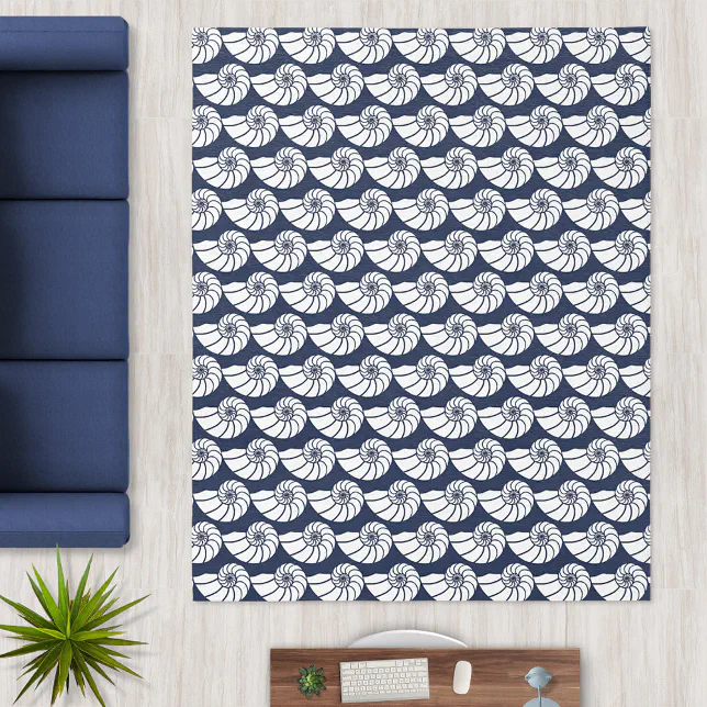 Seashell Nautilus | Navy Blue White Coastal Beach Rug | Zazzle
