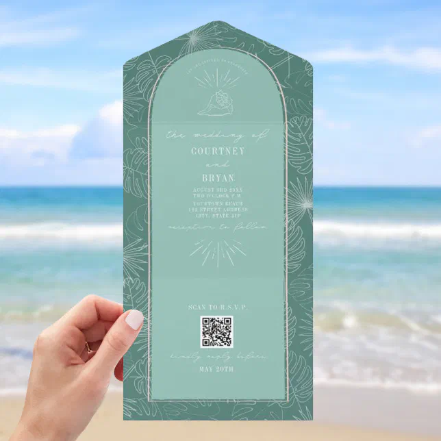Seashell Palm Aqua Beach Wedding QR Code RSVP All In One Invitation ...