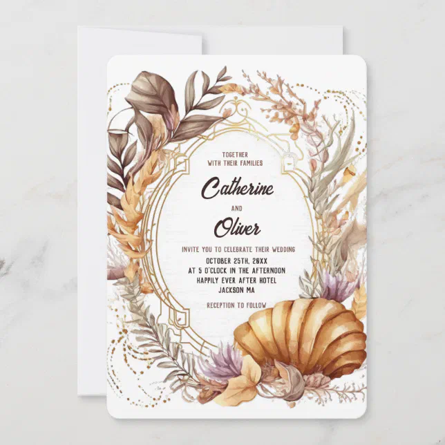 Seashell Seaweed Gold Frame Purple Beach Wedding Invitation | Zazzle