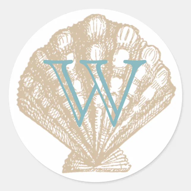 Seashell | Tan Scallop Sea Shell Monogram Classic Round Sticker | Zazzle