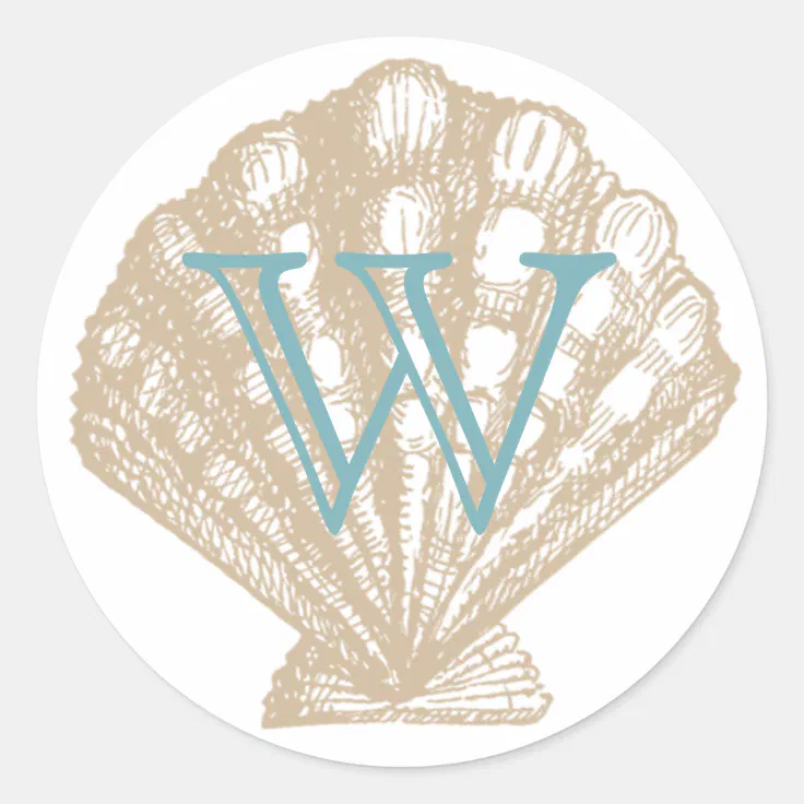 Seashell | Tan Scallop Sea Shell Monogram Classic Round Sticker | Zazzle