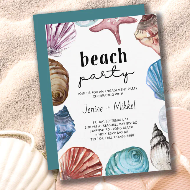 Seashell Watercolor Engagement Beach Party Invitation | Zazzle