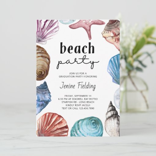 Seashell Watercolor Graduation Beach Party Invitation | Zazzle