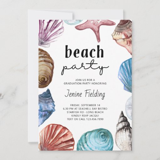 Seashell Watercolor Graduation Beach Party Invitation | Zazzle