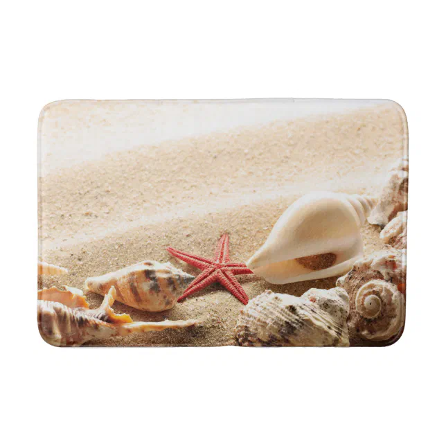 seashells and sand bath mat | Zazzle