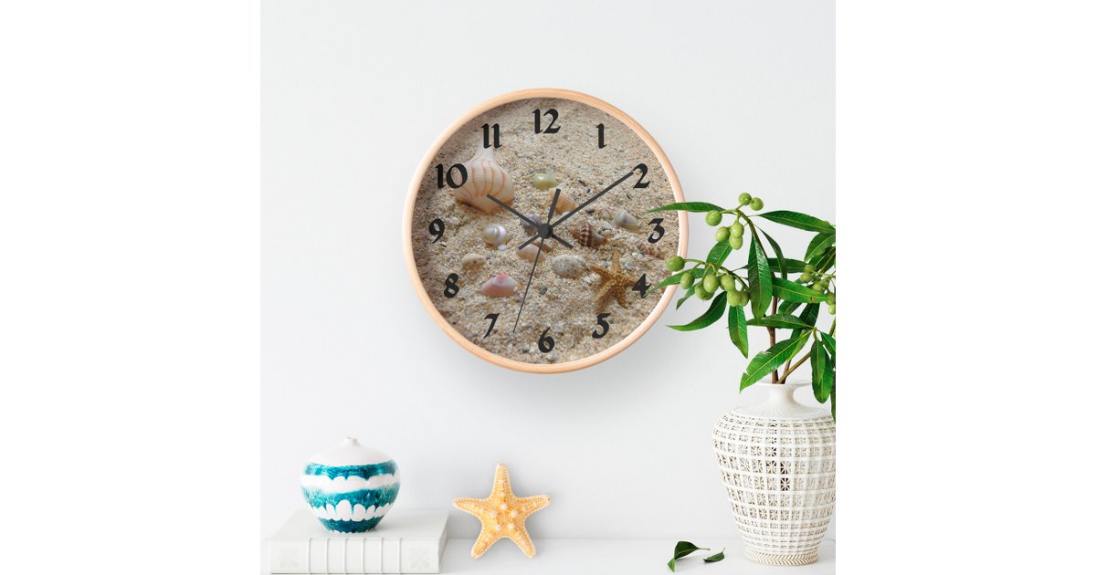 Seashells Beach Sand Coastal Clock | Zazzle