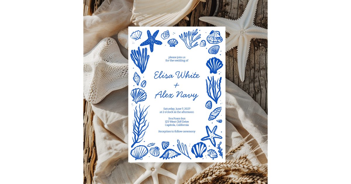 Seashells Frame Beach Wedding Blue CUSTOM Invitation | Zazzle
