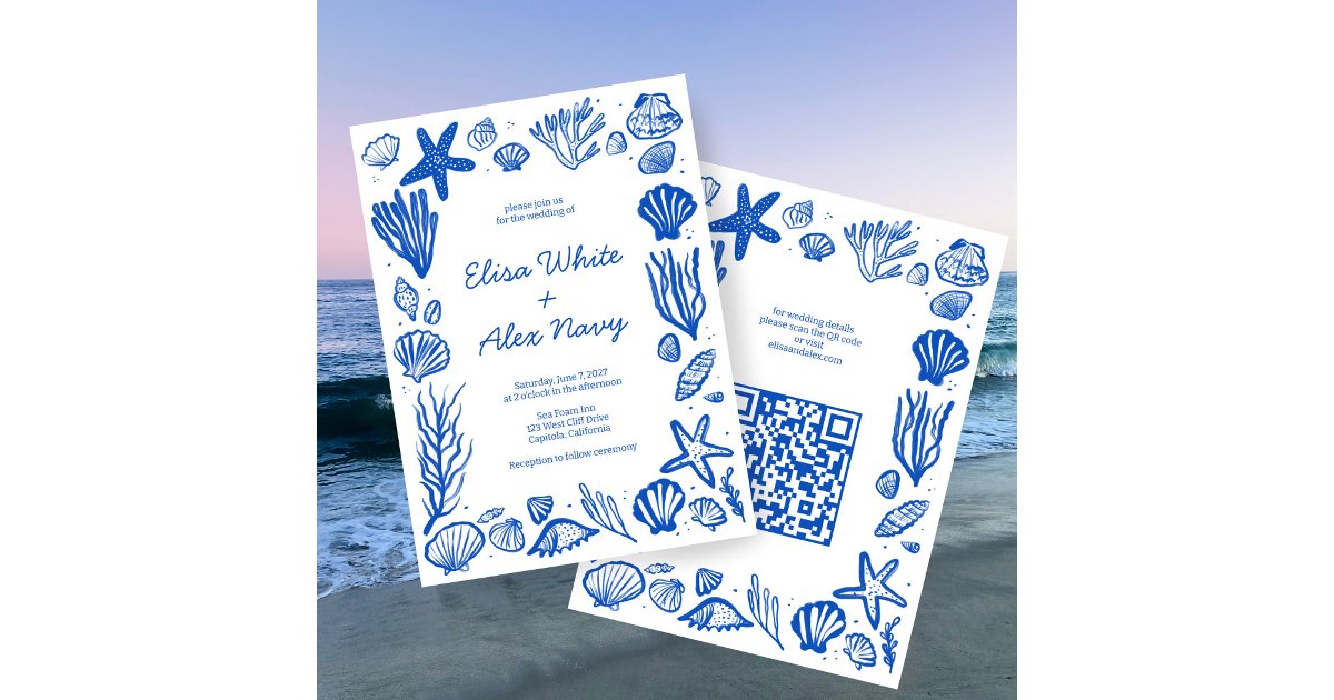 Seashells Frame Beach Wedding CUSTOM QR Code Invitation | Zazzle