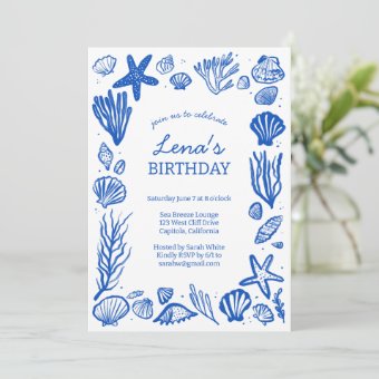 Seashells Frame Birthday Party Blue Beach CUSTOM Invitation | Zazzle