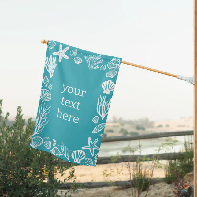 Seashells Frame Custom Aqua & White Beach Coastal House Flag | Zazzle