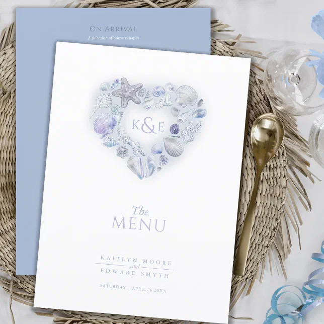 Seashells heart monogram watercolor wedding blue menu | Zazzle