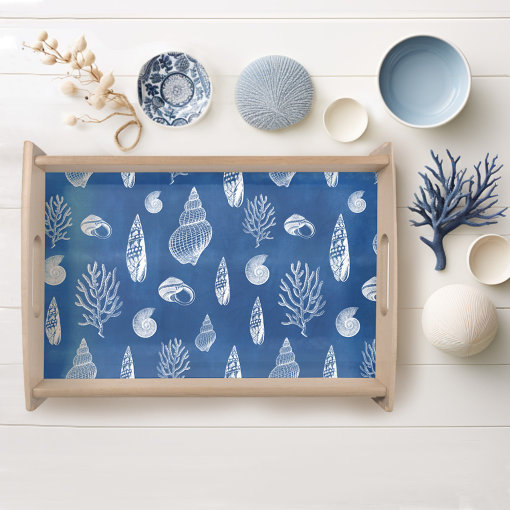 Seashells in Blue & White Serving Tray | Zazzle