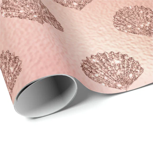 Seashells Mermaid Rose Gold Pink Princess Glitter Wrapping Paper | Zazzle
