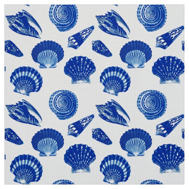 Blue and white seashells fabric | Zazzle