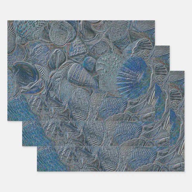 Seashells Ocean Beach Blue Metallic Decoupage Wrapping Paper Sheets ...