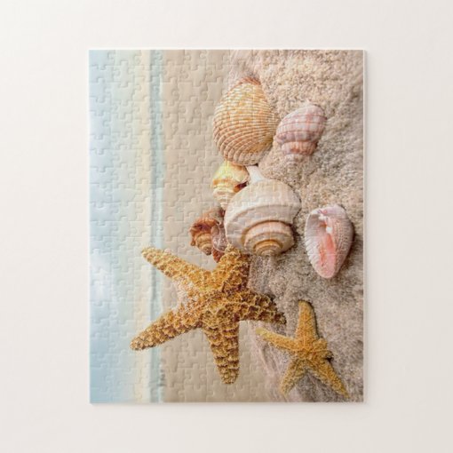 Seashells on a white sandy beach puzzle | Zazzle