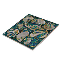 Seashells pattern - aqua marble, pearl and gold ceramic tile | Zazzle