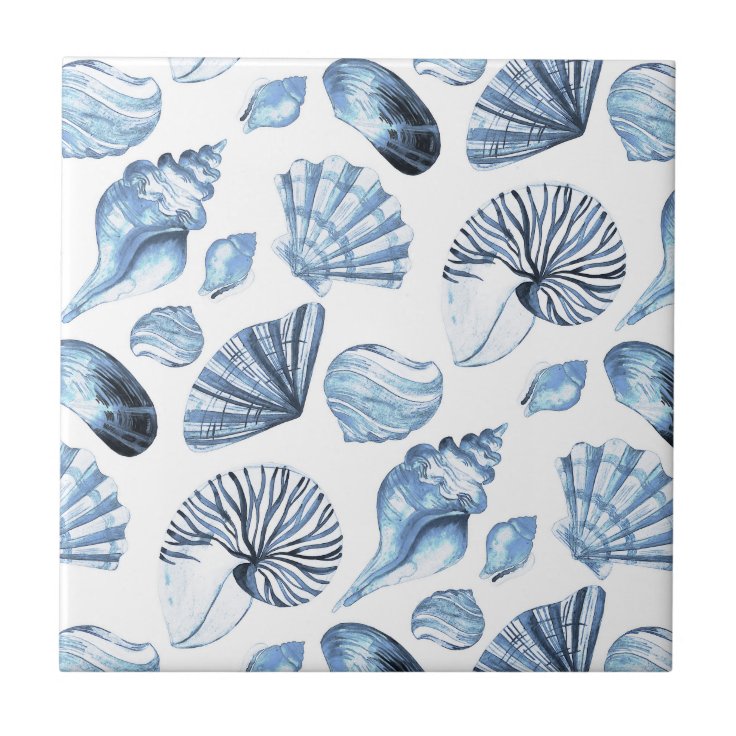 Seashells Pattern in Blue Beach House Tile | Zazzle