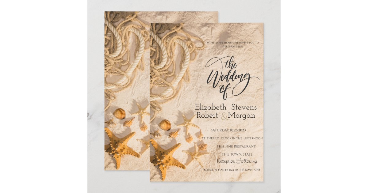 Seashells Rope Sand Wedding Invitation | Zazzle