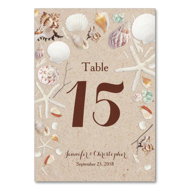 Seashells & Starfish on the Beach Wedding Table Number | Zazzle