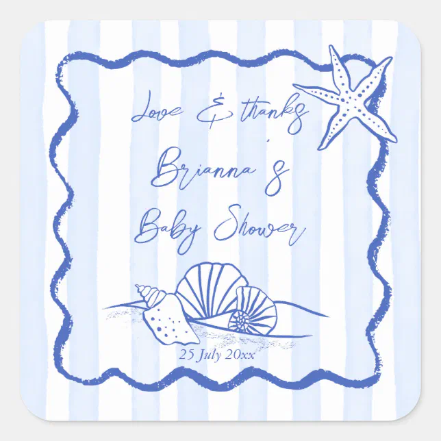 Seashells wavy blue stripes baby shower favor square sticker | Zazzle