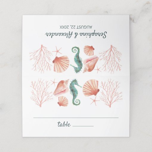 Seashore | Beach Blue Watercolor Seashells Wedding Place Card | Zazzle