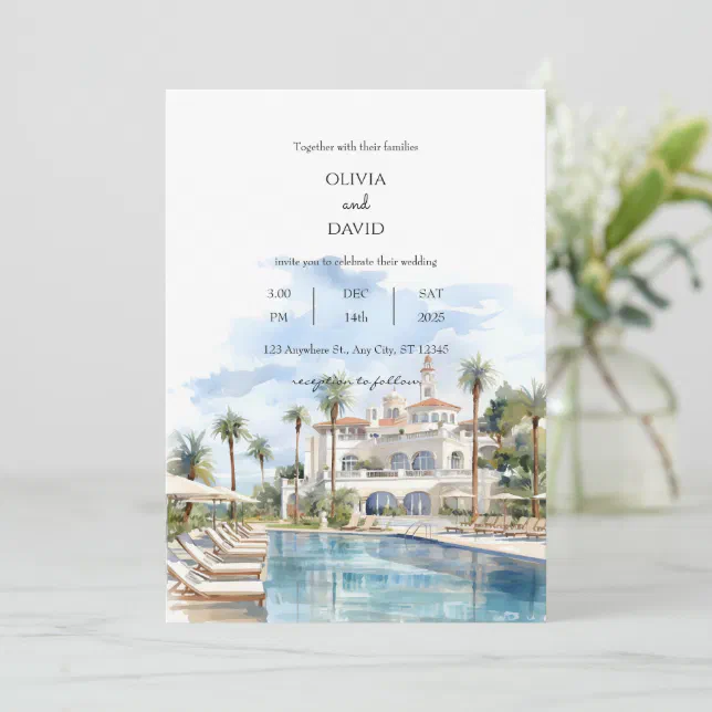 Seaside Coastal Palm Luxury Resort Venue Wedding Invitation | Zazzle