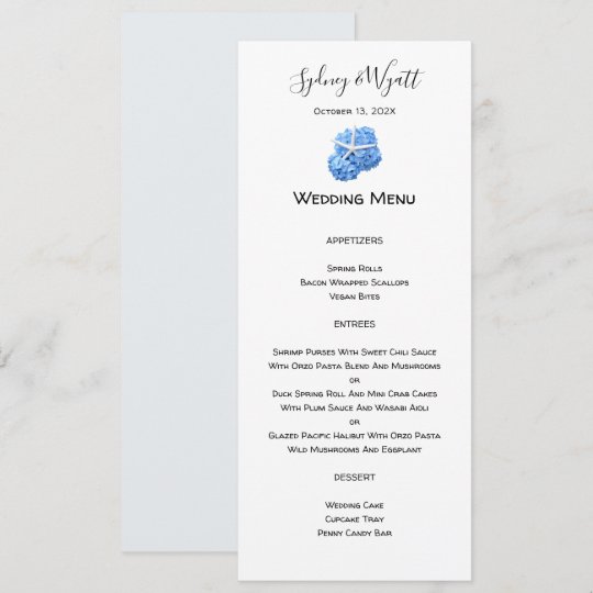 Seaside Garden Blue Tall Wedding Menu Template | Zazzle.com